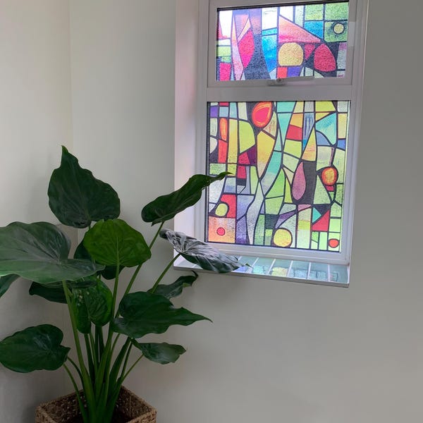 Custom Size Stained Glass Window Film Vibrant Abstract Geometric Design ...