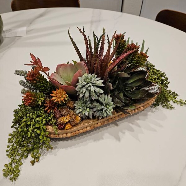 Faux Cactus Arrangement Blue Bowl Artificial Succulent Centerpiece Gift ...