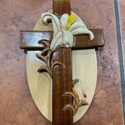 Lily Cross , Wooden Cross, Intarsia Cross, Intarsia Wooden Art, Wooden ...