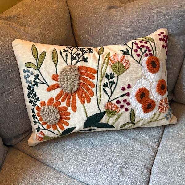 Neutral Floral Embroidered Oversized Boho Throw Pillow Cover Sham ...