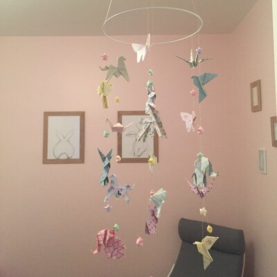 Origami Baby Mobile With Animals and Stars Pastel Colors, Mint Green ...