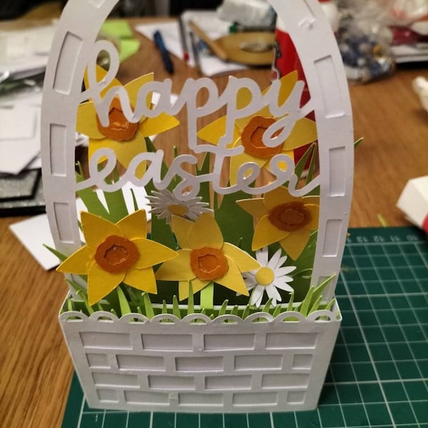3D Easter Basket Box Card With Daffodils and Daisies (folds Flat) SVG ...