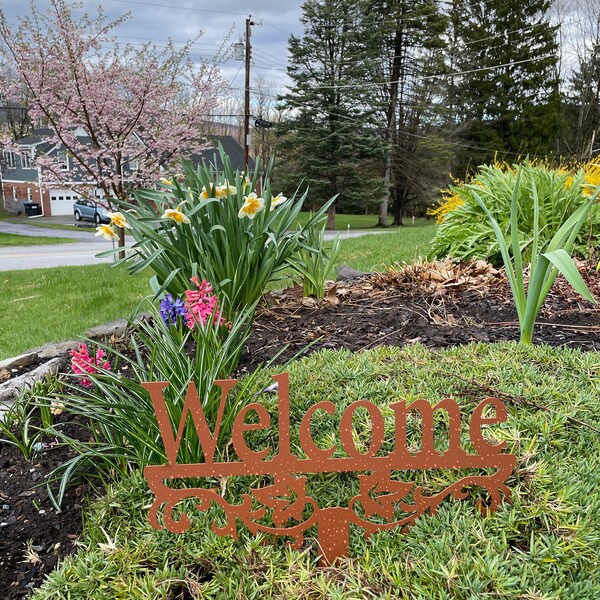 Welcome Yard Stake Metal Sign, Garden Stake, Garden Art, Metal Yard Art ...