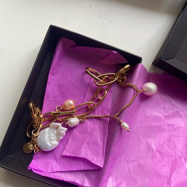 Half Pearl Half Silver Necklace, Half Pearl Half Chain Necklace, Pearl ...