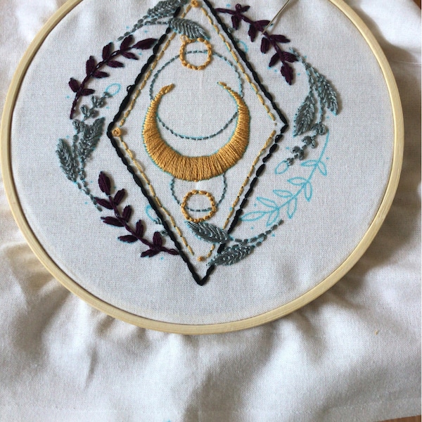 Pagan Art Hand Embroidery Pattern PDF With Laurels and Moon | Modern ...