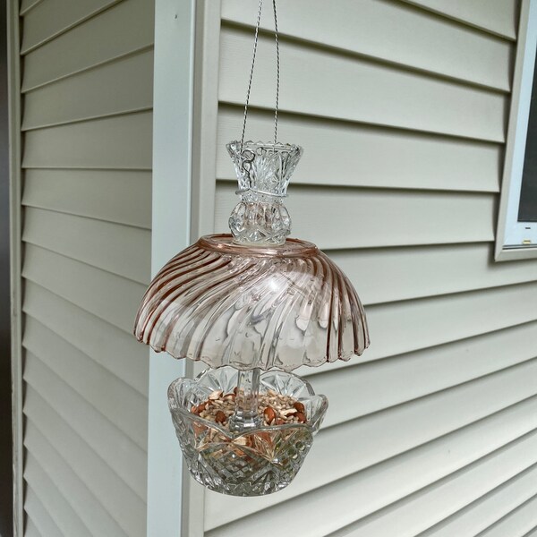Vintage Glass Bird Feeder, Hairpin Depression Glass Bird Feeder ...