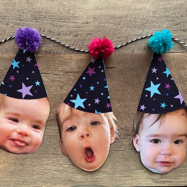 Custom Face Banner, Party Hats With Pom Poms - Etsy