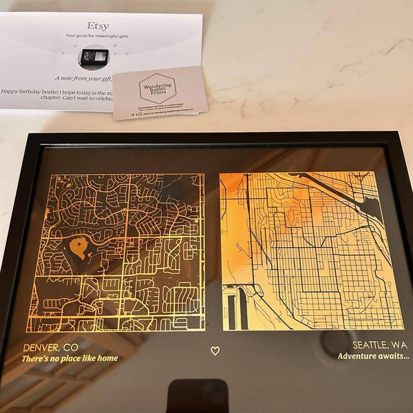 A4 Any Two Locations Metallic Map Print, Custom Multi Location Foil Map ...