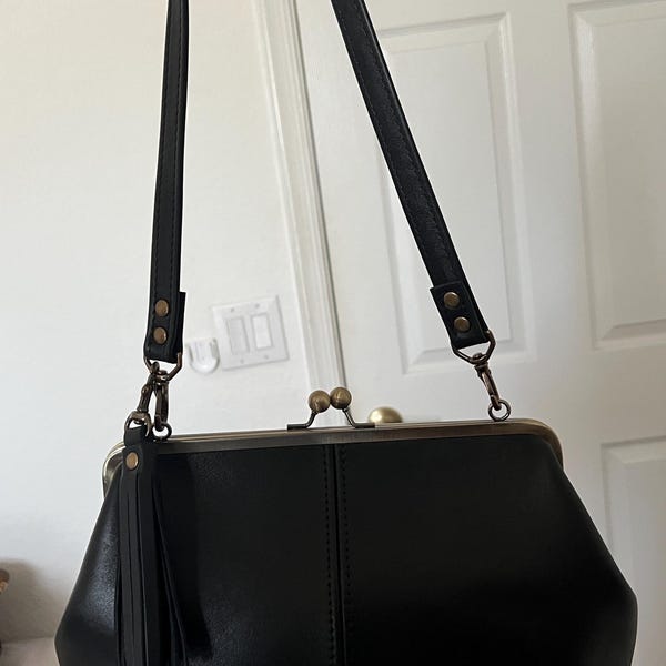 Leather Kiss Lock Frame Purse, Kiss Lock Crossbody Handbag, Retro Style ...