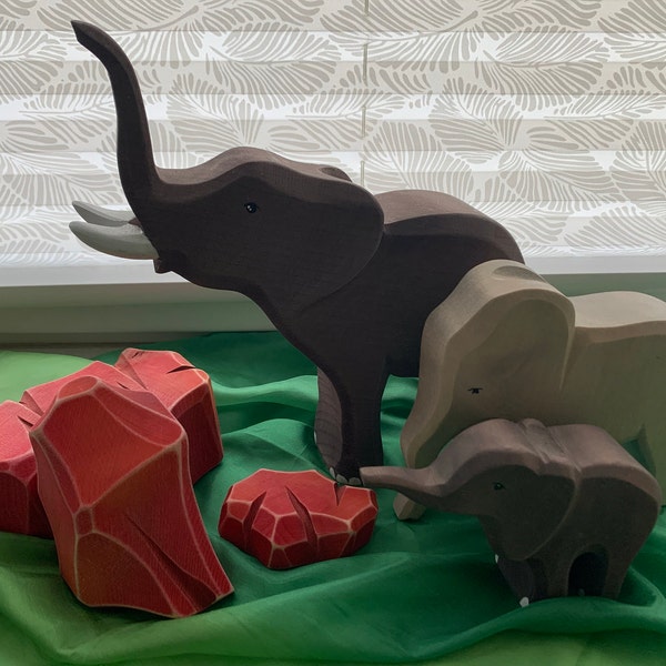 African Savanna Elephant and Rock Playset | Montessori Wooden Toy ...