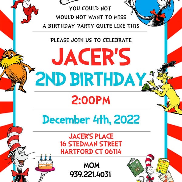 Dr Seuss Birthday Invitation, Dr Seuss Party, Dr Seuss Invite, Dr Seuss ...