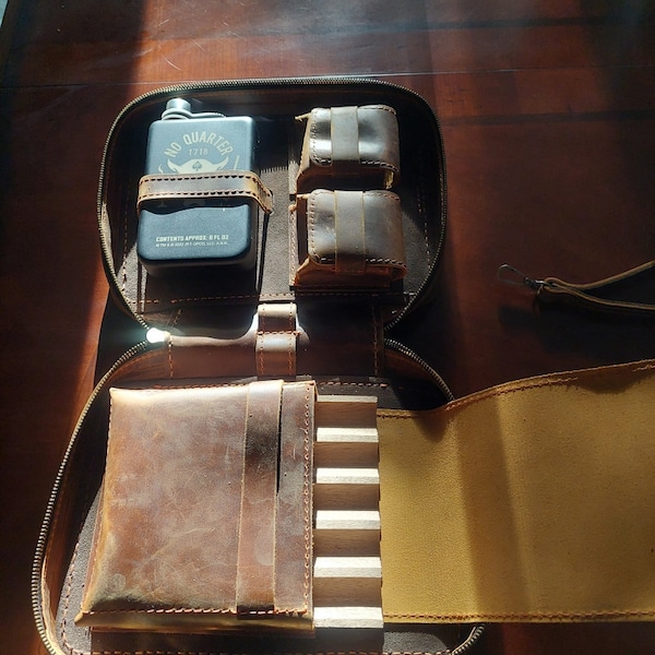 Leather Cigars Case With Flask Pocket, Personalized Leather Box for ...