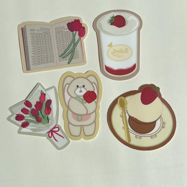 Tea-time Red,beige,brown Aesthetic Sticker Pack5pc Cute Dessert ...