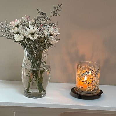 Large Heavy Glass Cylinder Vase. Hand Painted. Purple, Pink and White ...