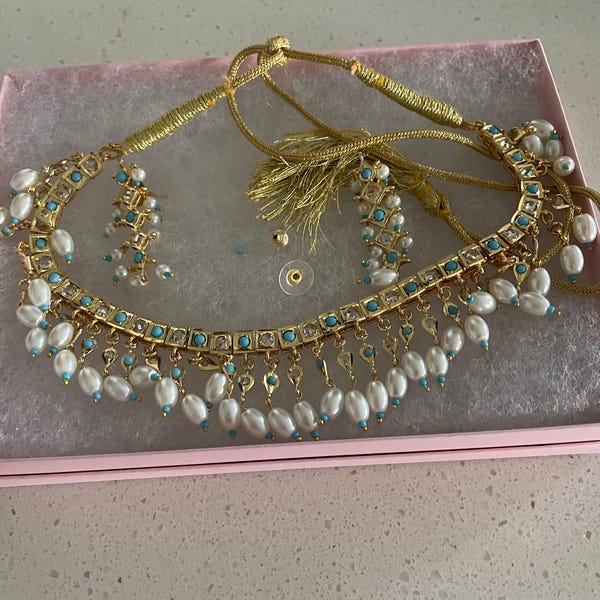 Jadau Gold Plated Firoza Polki Necklace Set | Turquoise, Pearls, Indian ...