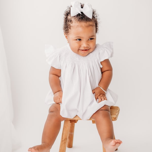 Heirloom Smocked Bubble in White With White Smocking - Flower Girl ...