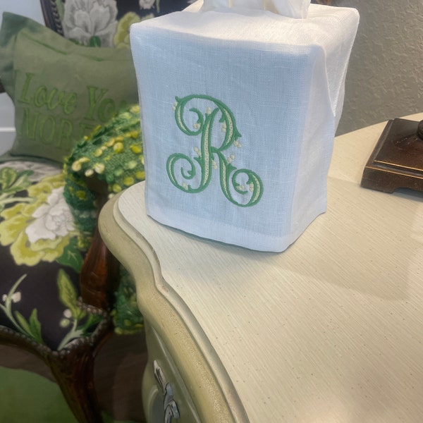 Linen Tissue Box Cover With Monogram - Etsy