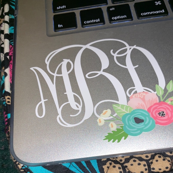 Floral Monogram Decal Script Monogram With Pastel Flowers Bohemian ...