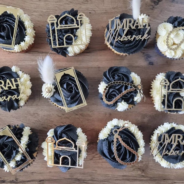 Umrah Mubarak Cupcake Topper Set, Cake Topper, Mosque, Tasbih, Prayer ...