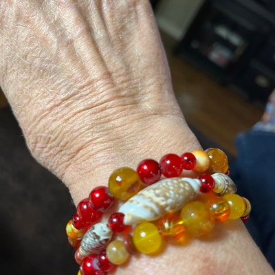 Beachy Wrap Bracelet Real Olive Seashell White Blue Pink Beads Memory ...