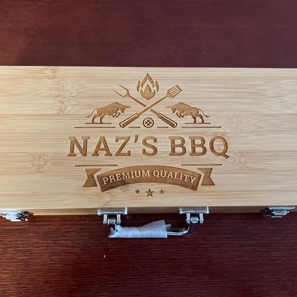 Personalised Bamboo BBQ Tools & Box Set, Custom Engraved Barbecue ...