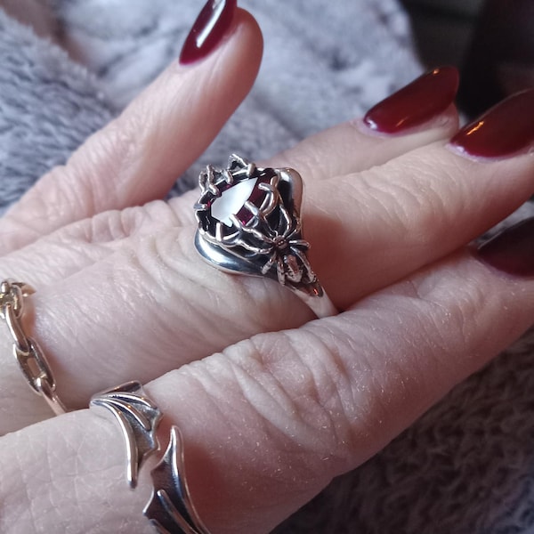 Garnet Teardrop of the Spider Ring, Silver Spider Ring, Spider Goth ...