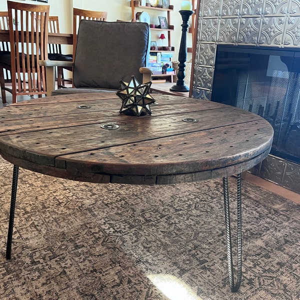 Upcycled Round Spool Coffee Table- Reclaimed Wood & Metal - Etsy
