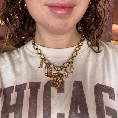 Custom Charm Necklace, Chunky Charm Necklace Gold, Vintage Opal Heart ...