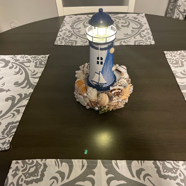 Tall Wood Lighthouse Centerpiece W/ Shells, Slate Blue Starfish ...