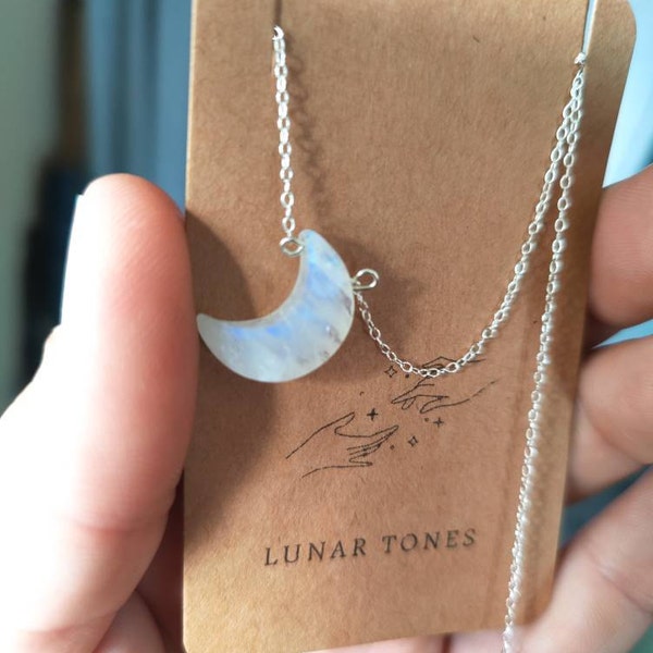 Genuine Moonstone Crescent Moon Crystal Necklace Wire Wrapped in Silver ...