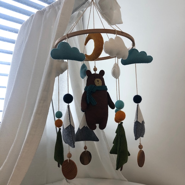 Bear Mobile, Woodland Mobile, Felt Mobile, Mountains Nursery Decor, Cot ...