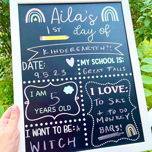 Boho Rainbow Back to School Chalkboard Sign, First Day of School Sign ...