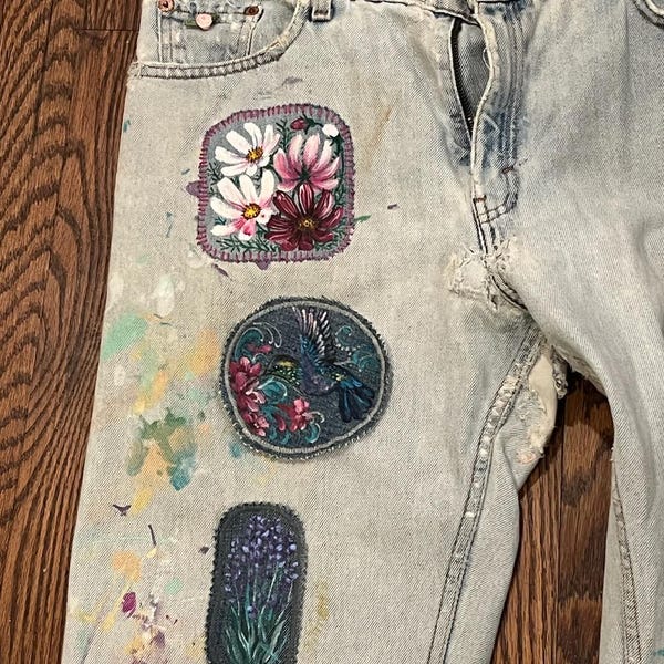 Daisy Patch Hand Painted Denim Patches Floral Upcycled Jeans for Women ...