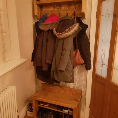 Matching Farmhouse Coat Rack and Shoe Boot Rack Bench Solid Chunky Wood ...