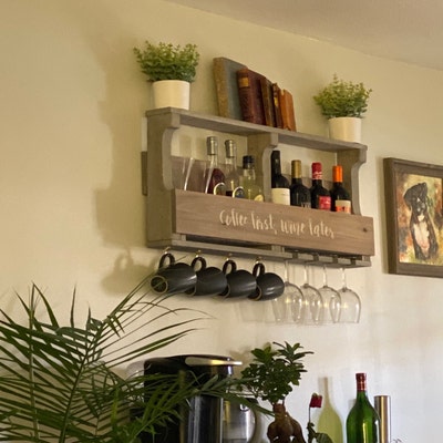 Coffe Bar Wine Rack, Wall Wine Rack, Coffee Mug Rack, Rustic Wine Rack ...