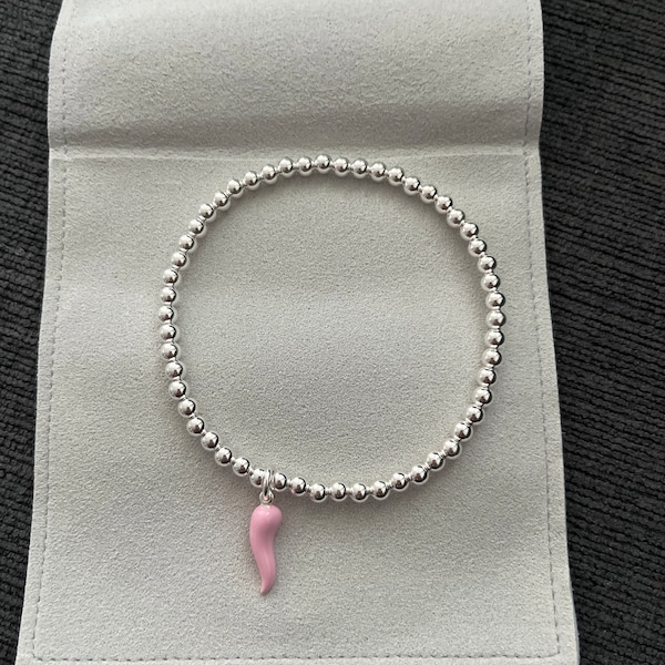 925 Sterling Silver Pink Cornetto, Italian Horn Bracelet, Malocchio ...
