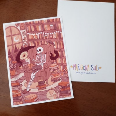 Skully the Book Loving Skeleton Art Print Poster, Digital Illustration ...