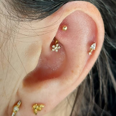 14k Solid Gold Flower Rook Earring Gold Rook Piercing Eyebrow Ring ...