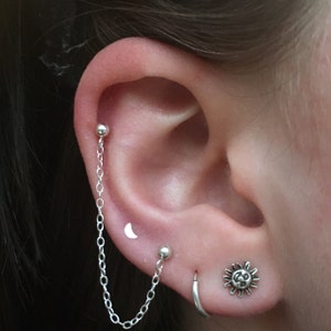 Double Piercing Earring Two Stud Chain Earring Sterling Silver Double ...
