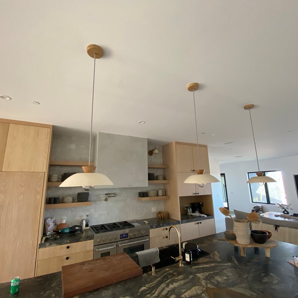 Speckled Cream Matt Dawn Pendant Light in Ceramic and Oak - Etsy