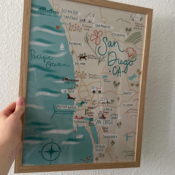 San Diego Illustrated Map Poster | 12x16 Inches | San Diego La Jolla ...