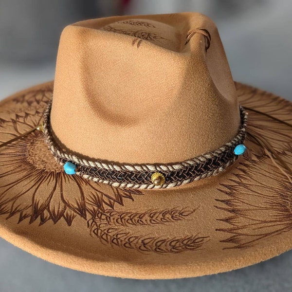 Beautiful Original Floral Freehand Custom Felt Burned Wide Rim Fedora ...