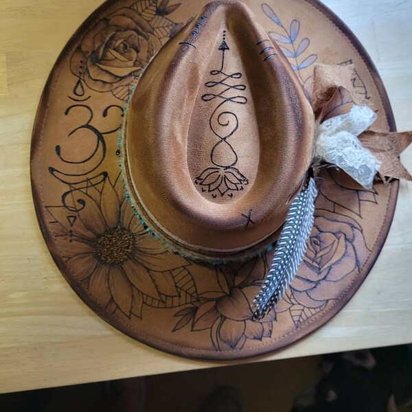CUSTOM HAND BURNED Wide Brim Hat Bride Branded Hat Flowers and Leaves Burned Hat Western Hat - Etsy