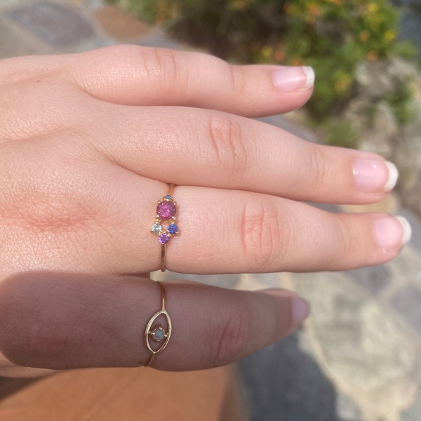 14K Gold Mixed Stone Cluster Ring, Autumn Ring, Rhodolite Garnet ...