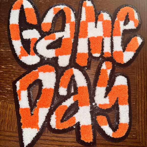 Orange Checkered Game Day Patch, Iron on Patch, Chenille Sequin Patch ...
