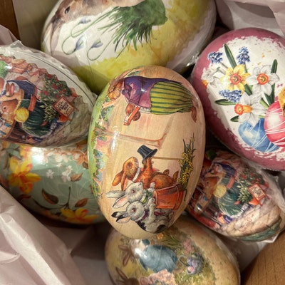 England Tin Metal Easter Egg Box Lavender 4-1/4 Nostalgic Craft Storage ...
