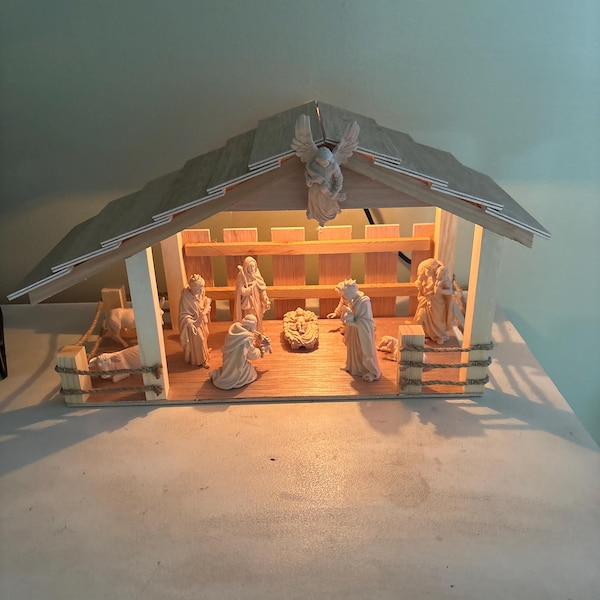 Handmade Wooden Christmas Nativity, Manger, Stable With Light. Rope ...