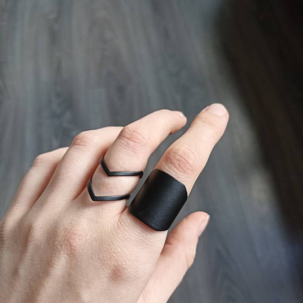 Double Black Adjustable Womens Ring, Matte Black Chevron Minimal Open ...