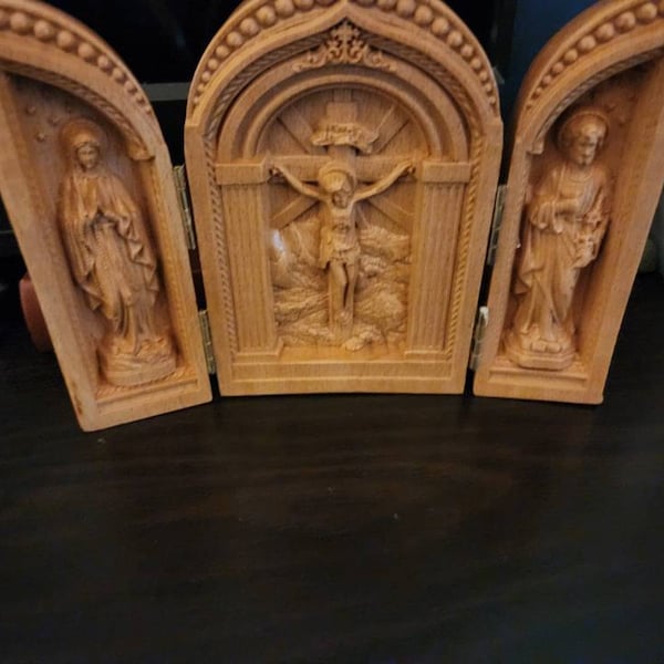 Holy Trinity Wooden Catholic Triptych, Jesus Christ Home Altar Decor ...