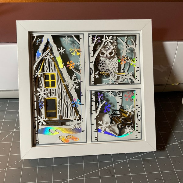 3D SVG Winter Shadow Box, Layered Owl Shadow Box Svg, Snowflakes 3D Svg Birch Forest 3d Svg ...